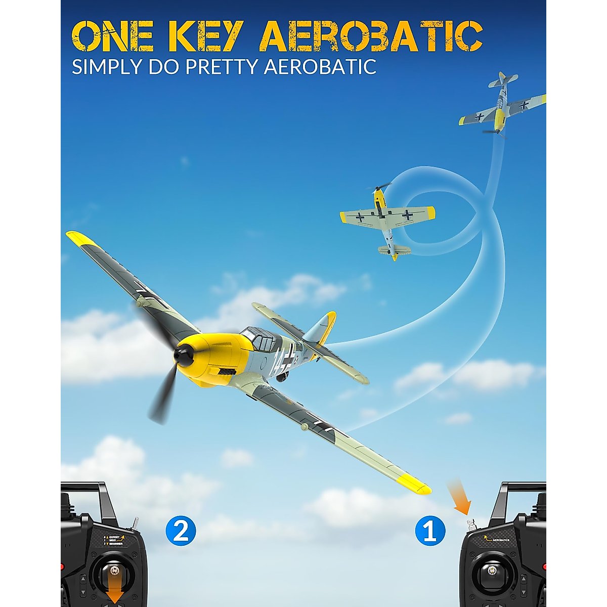 VOLANTEXRC RC Plane, 4 Channel Remote Control Airplane BF109 Fighter RTF with Aileron, Gyro, Aerobatics & 3 Modes Easy to Fly, Hobby Radio Controlled Aircraft for Beginners, Kids & Adults (Yellow)