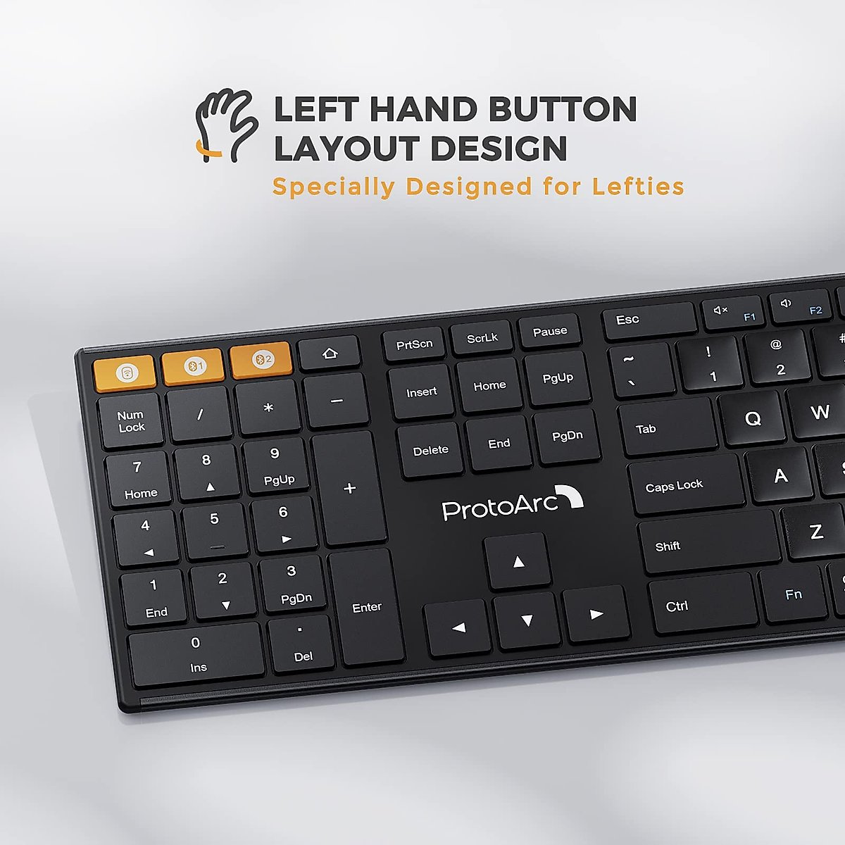 ProtoArc Wireless Left Handed Keyboard, XK21 Bluetooth Left-Handed Wireless Keyboard, Full-Size Ultra-Thin Rechargeable Silent Multi-Device Left Hand Numeric Keypad, Windows/Mac/Android