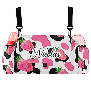 RunningBear Custom Cow Strawberry Universal Baby Stroller Organizer Personalized Stroller Caddy with Cup Holders Customized Universal Stroller Caddy for Mom Dad