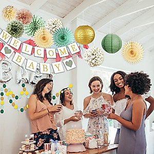 Sage Green Baby Shower Decorations Welcome Baby Banner Olive Green Gold Tissue Pom Poms, Paper Flower, Paper Lanterns, for Boy Girl Neutral Gender Reveal Baby Shower Decor