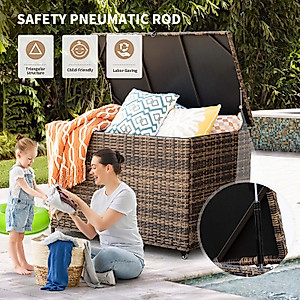 MEISSALIVVE 178 Gallon Outdoor Storage Box, Patio Deck Box with 2 Wheels, Handle Large Portable Wicker Rattan Deck Box for Patio Furniture Cushions, Throw Pillows, Garden Tools and Pool Floats (Brown)