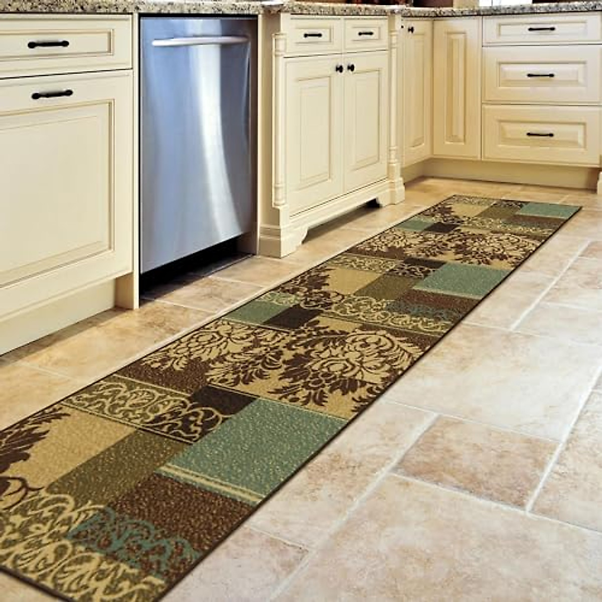 Machine Washable Damask Design Non-Slip Rubberback 3x10 Traditional Runner Rug for Hallway, Kitchen, Bedroom, Living Room, 2'7" x 9'10", Brown/Green