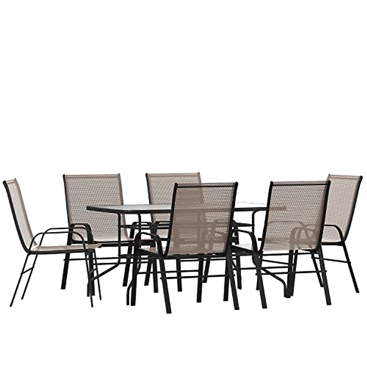 Flash Furniture 6 Flex Comfort Stack Chairs, 55" Tempered Glass Patio Table with Umbrella Hole, Brown