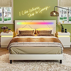 LIKIMIO Queen Bed Frame with LED Lights, Modern PU Leather Upholstered Platform Bed with Headboard, No Box Spring Needed/Noise-Free/Easy Assembly, White