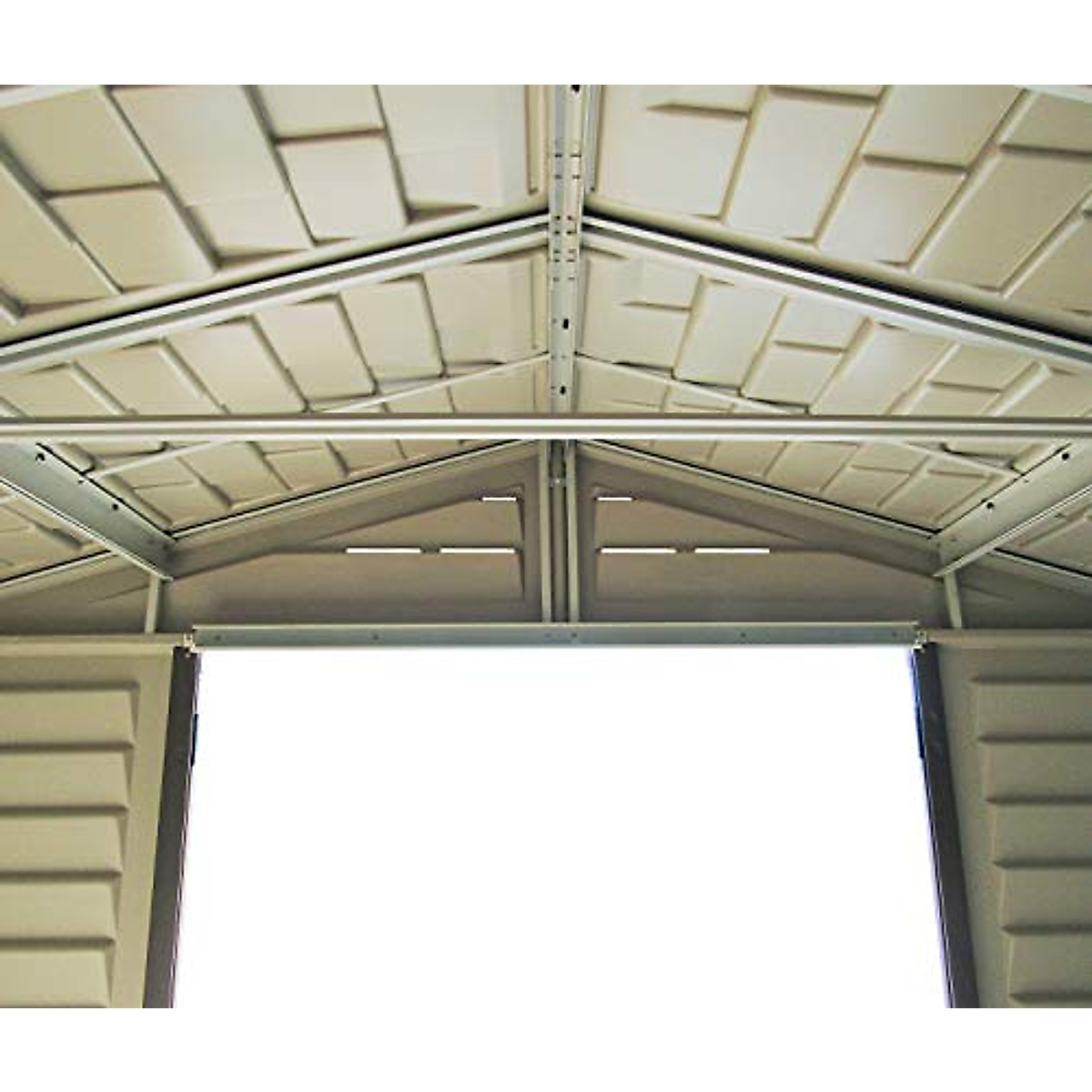 Duramax 0638801402145 Woodbridge Plus 10.5 x 8 Plastic Garden Shed with Foundation Kit & Fixed Window Brown-15 Years Warranty, 10x8, Brown & Ivory