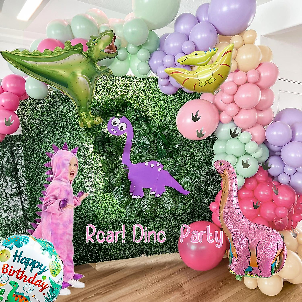 Pink Dinosaur balloon garland kit 150pcs Pastel Pink green Purple balloon and Foil Dinosaur balloon & footprint sticker for Girl Dino theme birthday Baby Shower decorations