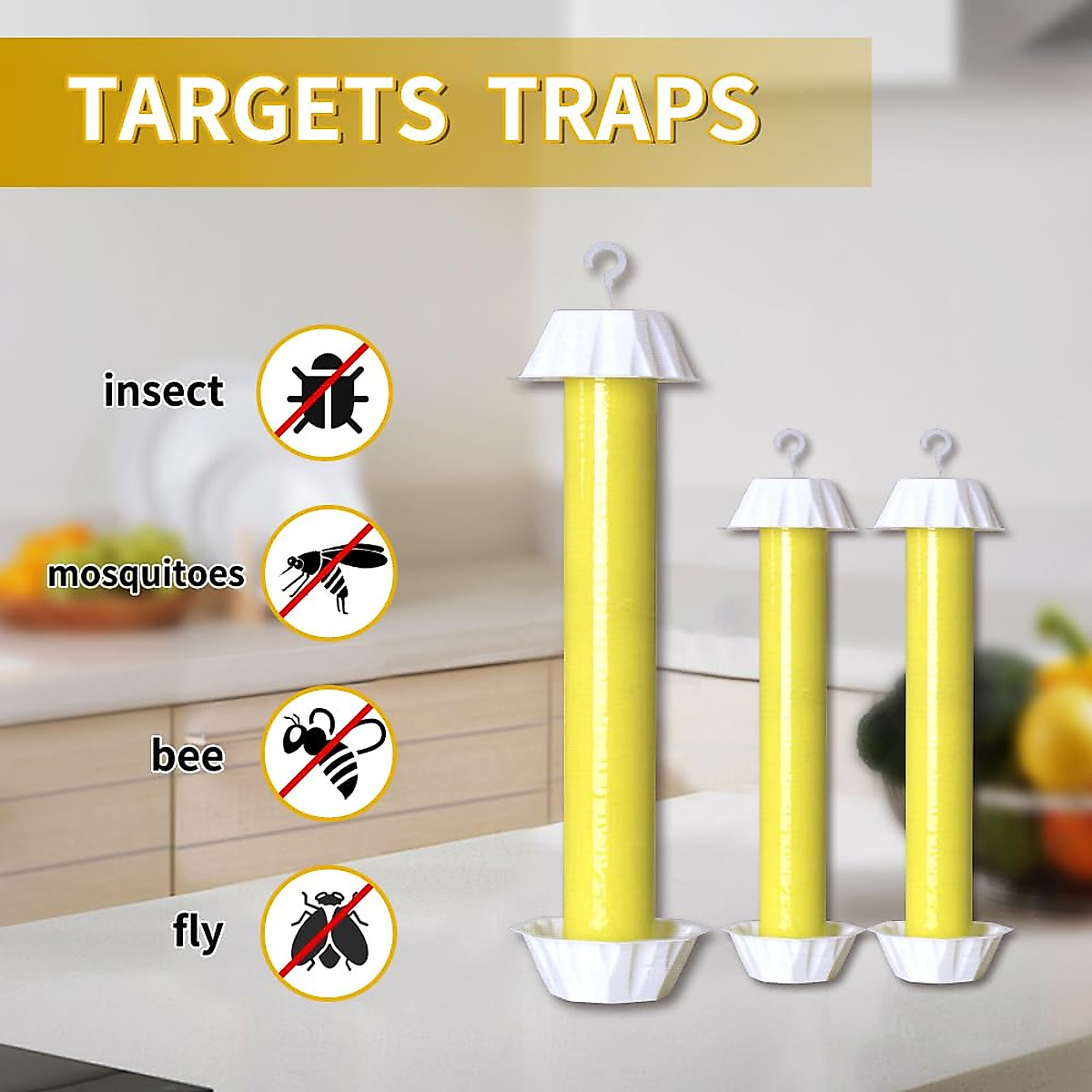 3-Pack Fly Trap Sticks for Indoor, Kitchen, Porch, Garbage Can, High-End Adhesive Fly Catcher Stick for Fly, Fruit Fly, and Flying Insect, Hanging Hook Included, Non-Toxic, Easy to Use and Disposable