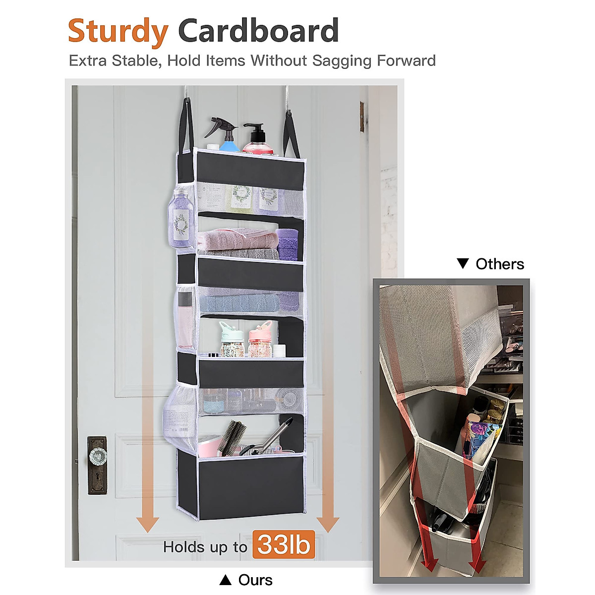 ULG Over Door Organizer with 4 Large Pockets 6 Mesh Side Pockets, 33 lbs Weight Capacity Hanging Storage Organizer with Clear Window for Bedroom Nursery, Baby Kids Toys, Diapers, Dark Grey (1 Pack)