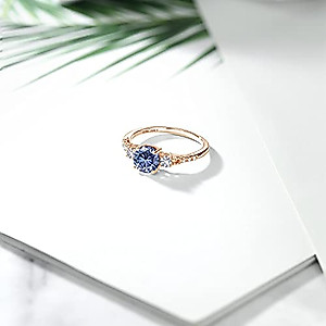 Gem Stone King 10K Rose Gold 6MM Round Gemstone Birthstone White Created Sapphire and White Diamond Accent 3-Stone Engagement Ring | Three-Stone Wedding Anniversary Promise Ring For Women