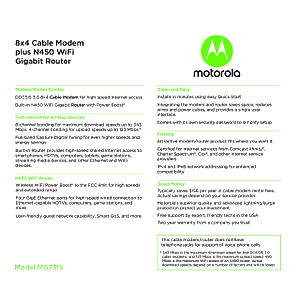 Motorola MG7315 Modem WiFi Router Combo | DOCSIS 3.0 Cable Modem + N450 Single Band Wi-Fi Gigabit Router | 343 Mbps Max Speeds | Approved by Cox and Spectrum