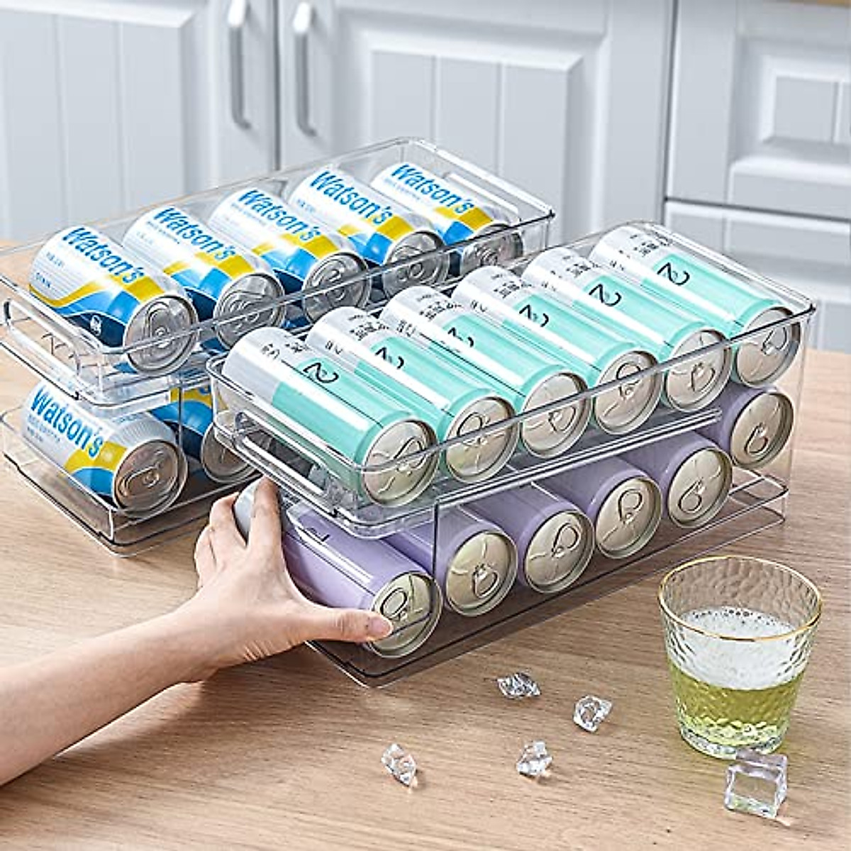 Refrigerator Soda Can Storage Box Coca Cola Double Layer Automatic Rolling Drink Box, Refrigerator Can Organizer Suitable for Fridge Kitchen Pantry Countertop, Camping,RVs