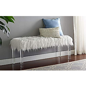 Roundhill Furniture Valley Faux Fur Bench with Acrylic Legs, White