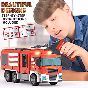 Take Apart Fire Truck Toy - 125 Pcs 2-in-1 STEM Building Kit Toy w/Drill - DIY Friction Power Firefighter Toy Building Set for Kids w/Light & Sounds, Boys & Girls, Ages 4 5 6 7 8 Years Old