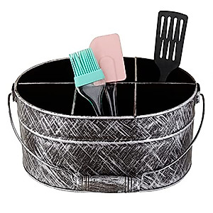 Black & Silver Metalic Caddy Plain 10.5 x 8 x 5 - Galvanized Metal Organizer for Kitchen Counter - Comfortable Wooden Handle /Indoor/Outdoor Storage For Flatware, Condiments, Party Cutlery, Arts