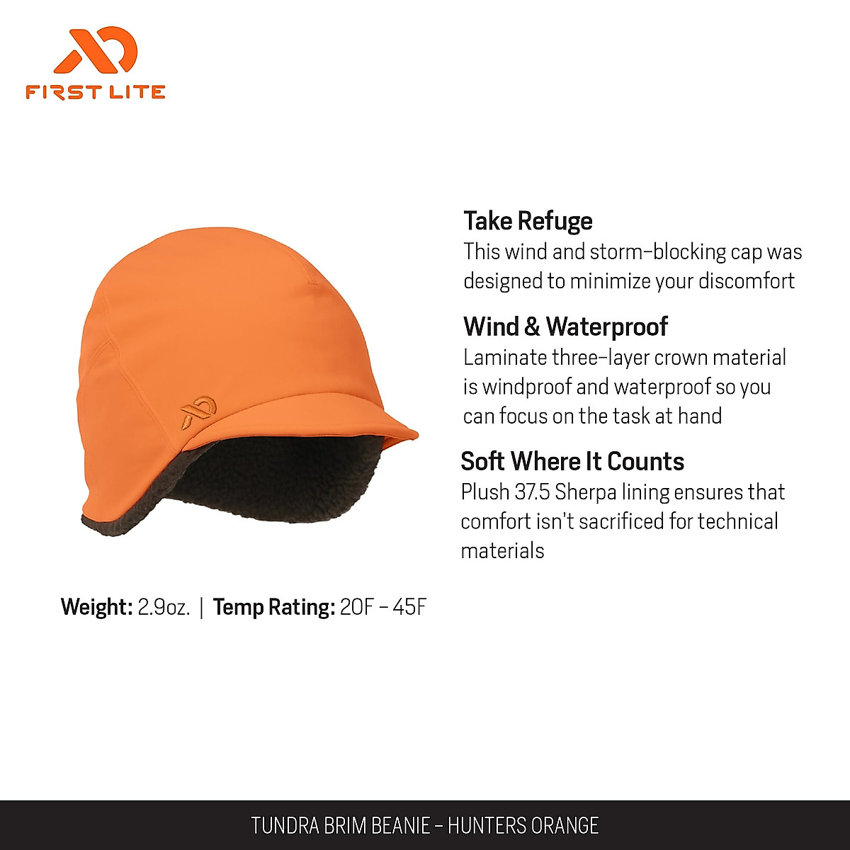 First Lite Tundra Brim Beanie - Warm Fleece Hunting Hat - Hunters Orange - Medium