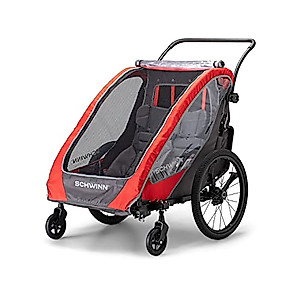 Schwinn Summit Deluxe Kids Double Bike Trailer, Child Carrier Seats 2 Riders, Max Weight 87lbs, Converts to Stroller, 20-Inch Wheels, Red