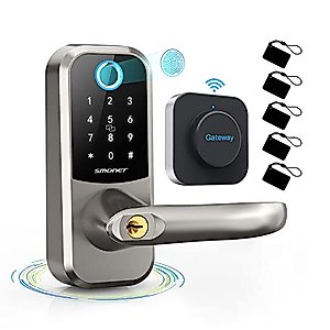 SMONET 6-in-1 Keyless Entry Deadbolt Front Door Smart Lock with Reversible Handle, Unlock by Fingerprint, IC Card, Bluetooth, Gateway, Alexa, Key for Home Apartment