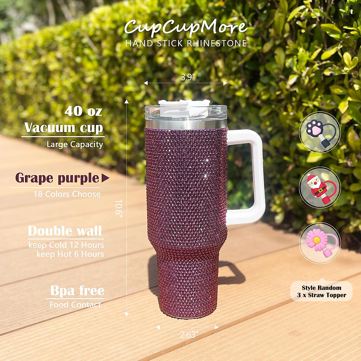 Cupcupmore 40oz Grape Purple Bling Rhinestone Stainless Steel Sippy Tumbler Glitter Vacuum Insulated Water Bottle with Straw & Lid &Handle,Thermos for Hot & Cold Drinks,Car Cup Holder,Coffee