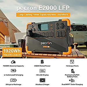 pecron Portable Power Station E2000LFP 1920Wh LiFePO4 Battery Backup Expandable to 8064Wh 6X2000W AC Outlets 1200W Max Solar Input Backup Power for Outdoors Camping Fishing Emergency