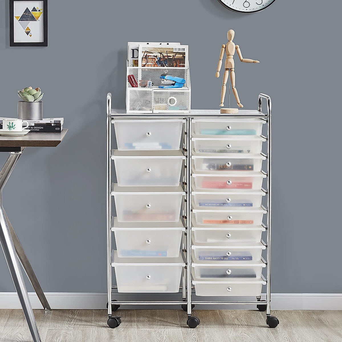 Yaheetech 15 Drawers Rolling Storage Cart Multipurpose Mobile Rolling Utility Storage Organizer Cart Tools Scrapbook Paper Organizer on Wheels, White