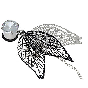 Cubic Zirconia Stainless Steel Dangle Silver Black Leaves Ear Tunnels Gauge Piercing Plugs Stretcher with O-ring 4g 5mm