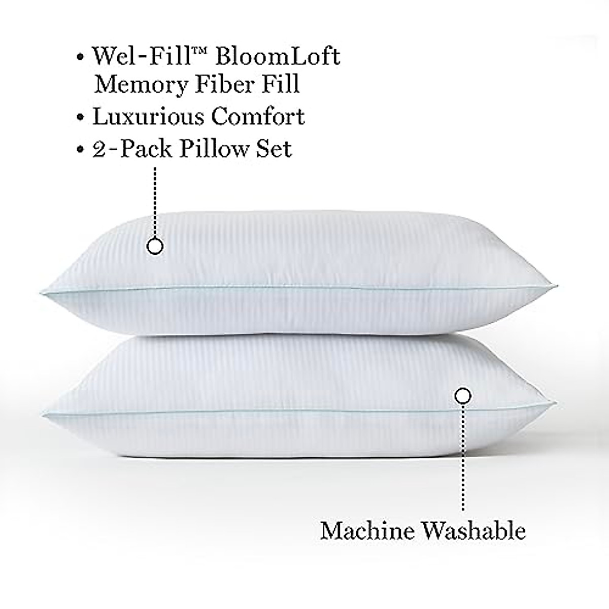 MARTHA STEWART Down Alternative Bed Queen Pillows Set Of 2, Cooling Hotel Pillow, Memory Foam-Like Fiber Fill, Premium Side Sleeper Dorm Pillows For Adults, Pressure Relieving, Dobby Stripe, White