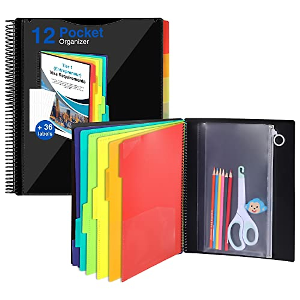 12 Pocket Project Organizer, Forvencer 1/6-cut Tab Binder Organizer with Sticky Labels, Multi Pocket Folder with Zipper Pouch, Folder Binder Spiral Pocket Organizer Folder Notebook, Letter Size, Black