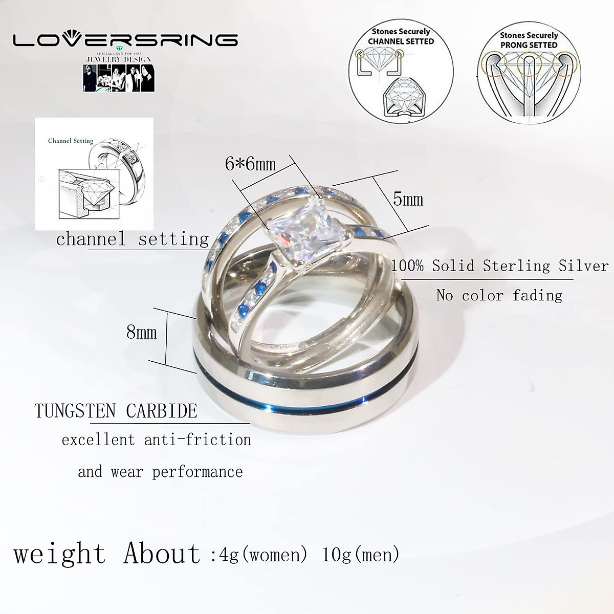 Wedding Ring Sets His And Hers Promise Ring Adjustable size Wedding Ring Sets His And Hers Couples Women 925 Sterling Silver Round Cz Man Tungsten Carbide Wedding Bands