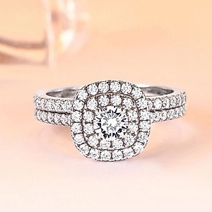 WSX Solid Gold 0.5ct Moissanite Bridal Rings Sets for Women Round Simulated Diamond Her Halo Wedding Engagement Ring, 2 Piece Set