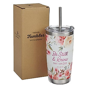 Christian Art Gifts Reusable Stainless Steel Scripture Travel Mug Tumbler w/Straw for Women: Be Still & Know, Double Wall Vacuum Insulated, Pop-up Lid, Hot/Cold, White & Peach Multicolor Floral, 18 oz