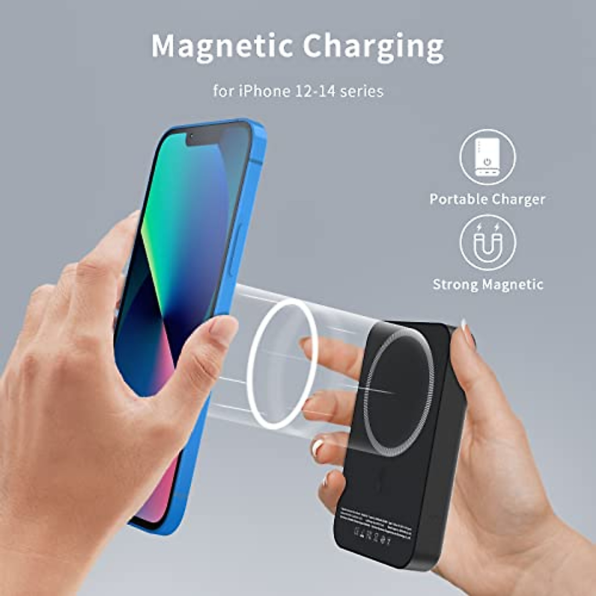 Morenjoy Magnetic Wireless Portable Charger, 10000 mAh Magnetic Battery for iPhone 14/13/12 Series, Magnetic Power Bank 15W Magnetic Wireless+20W USB C
