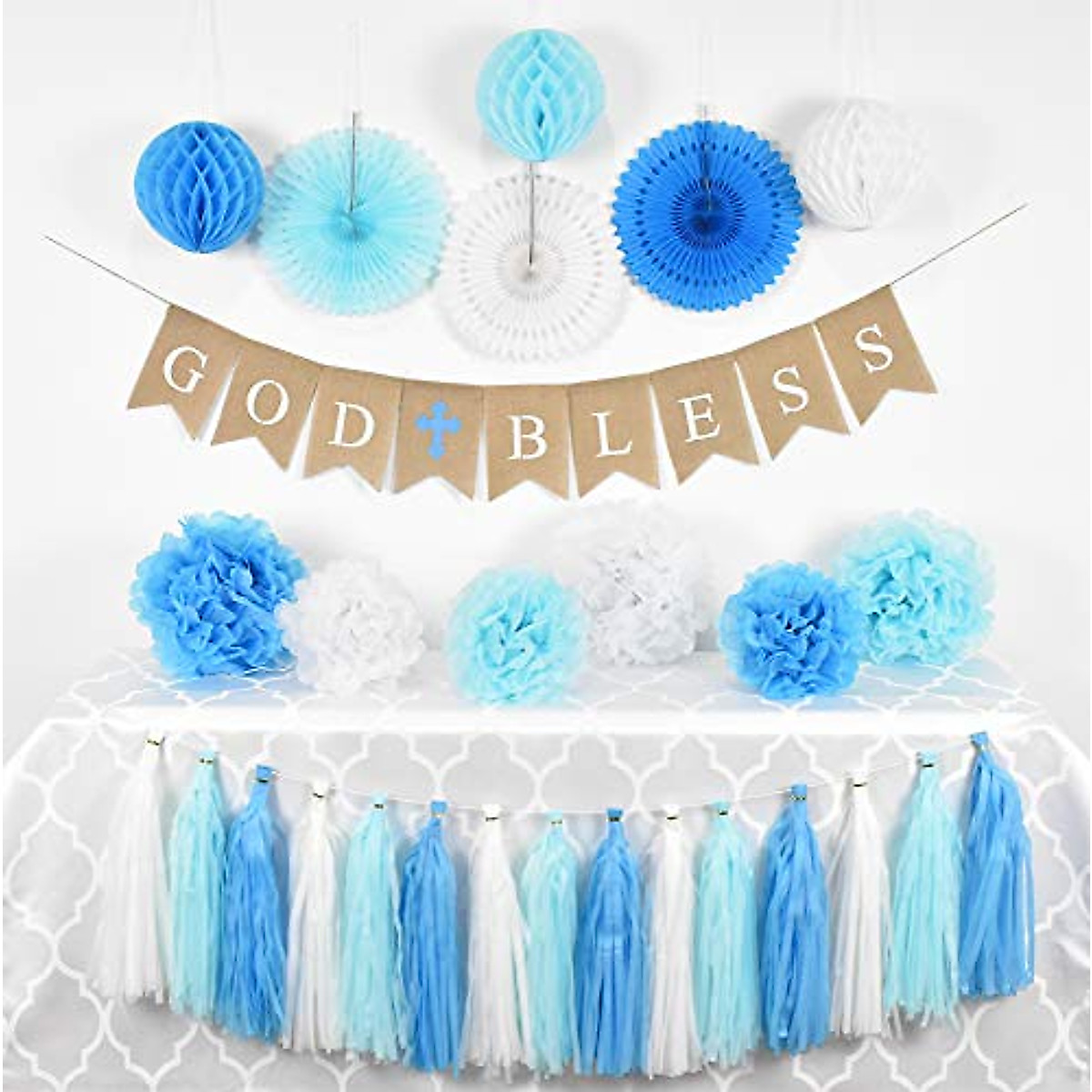 Baptism Decorations for Boy - First Communion Decor - God Bless High Quality Burlap Banner With Blue Cross, Honeycomb, Paper fan, Paper Tassel, Pompoms - Bautizo Decorations By Antsik'Aby
