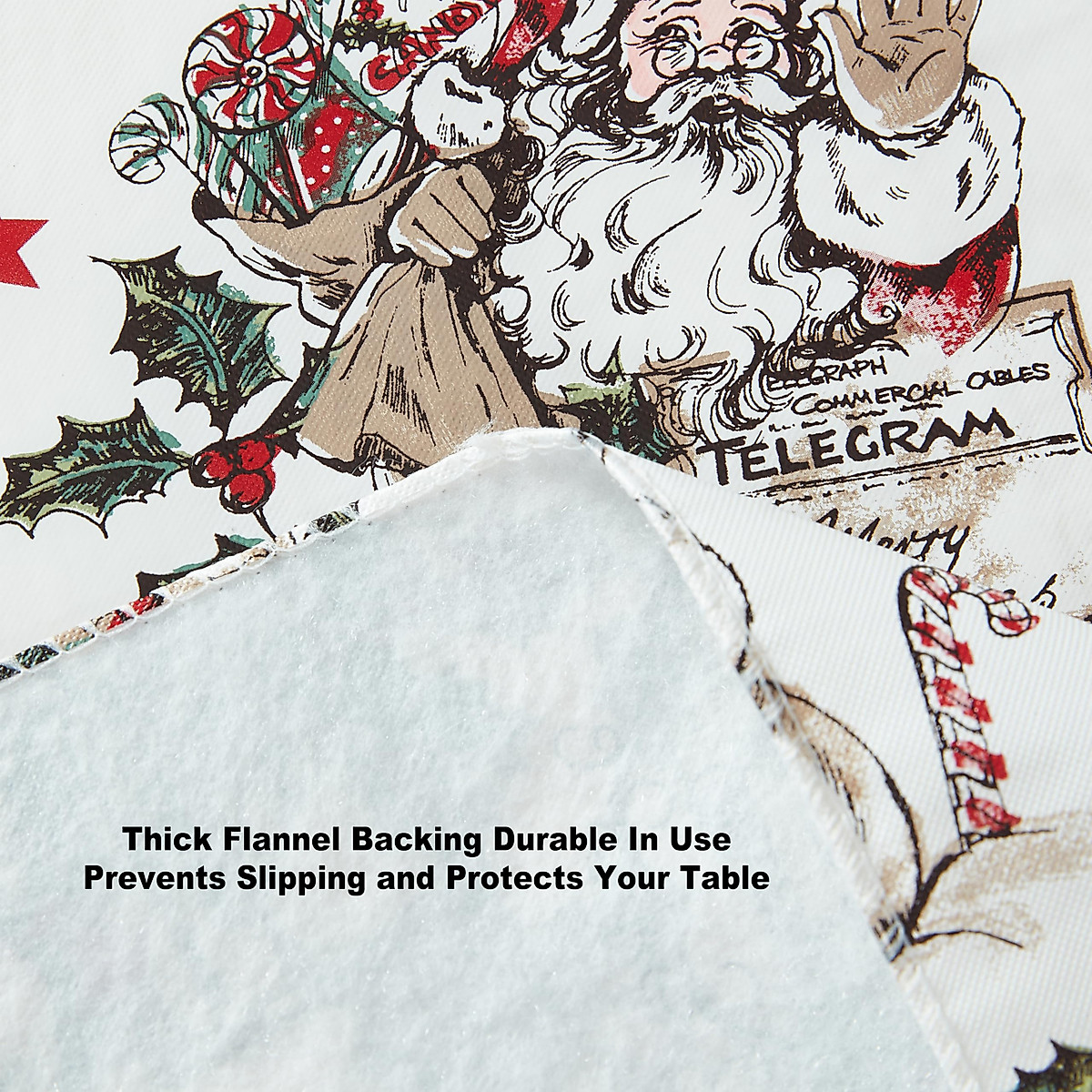 Newbridge Vintage Nostalgia Home for Holidays Print Flannel Back Vinyl Christmas Tablecloth - Vintage Santa Claus, Snowman and Sleigh Xmas Wipe Clean Easy Care Tablecloth, 60” x 120” Oblong/Rectangle