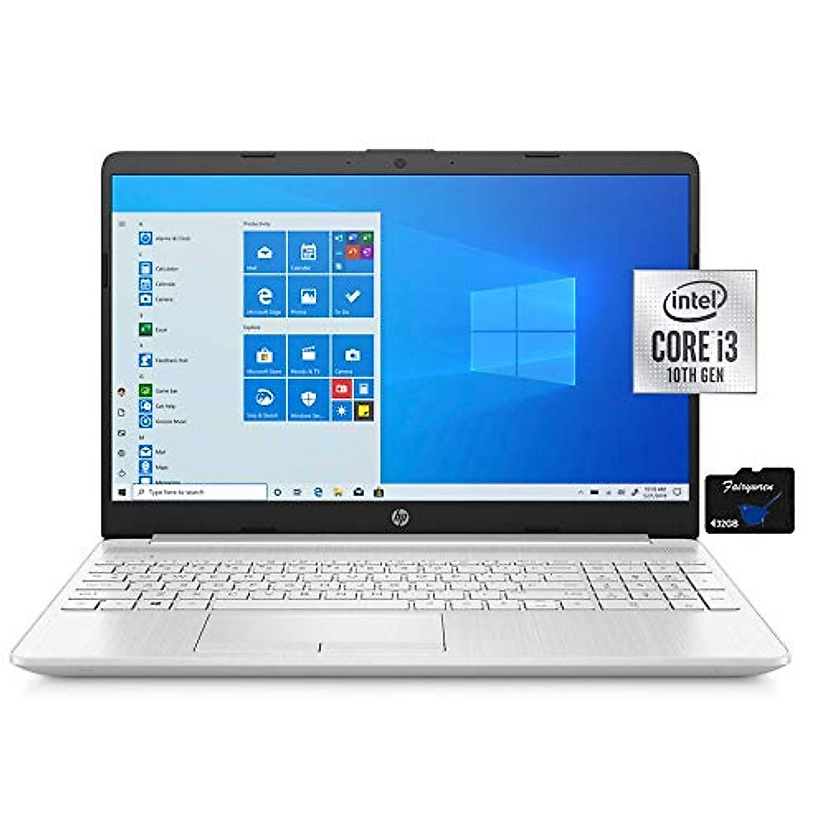 2021 HP 15.6" HD Laptop Computer PC, Intel Core i3-10110U (Beats i5-7200U), 4GB RAM, 128GB SSD, USB-C, WiFi, RJ45, HDMI, HD Webcam, Bluetooth, Windows 10 S, Silver, Fairywren Card