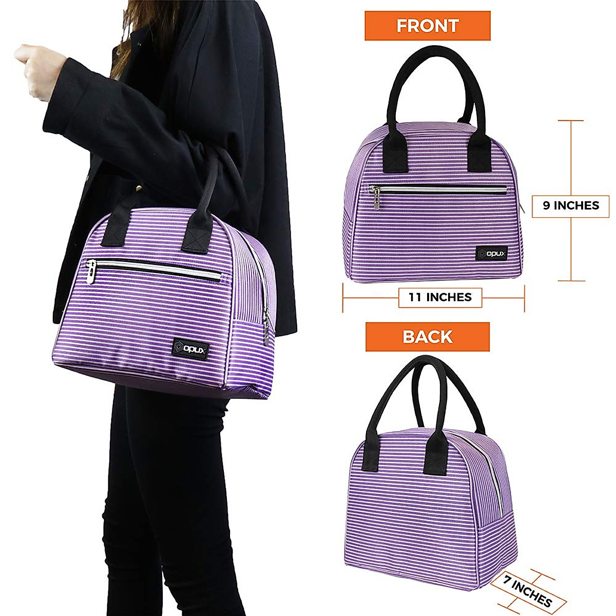 opux Insulated Lunch Box Women, Lunch Bag Tote Girls Kids Teen Adult, Cute Soft Lunch Cooler Container Work School, Reusable Thermal Food Meal Prep Organizer Lunch Pail Travel Beach, Purple Stripes