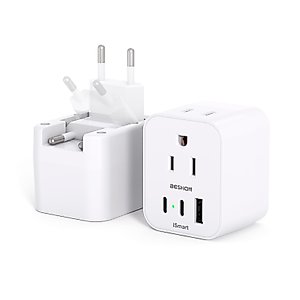 [2-Pack] European Travel Plug Adapter, Foldable International Plug Adapter with 2 AC Outlets 3 USB Ports(2 USB C), Type C Travel Essentials to Most Europe EU Spain Italy France Germany