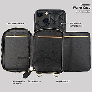Bocasal Crossbody Wallet Case for iPhone 13, RFID Blocking PU Leather Zipper Handbag Purse Flip Cover, Kickstand Folio Case with Card Slots Holder Wrist Strap Lanyard 5G 6.1 Inch (Black)