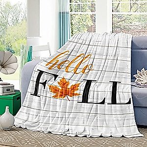 SSEVITEY Flannel Fleece Throw Blanket for Couch Bed Sofa Travel AutumnThanksgiving Maple Leaves on Wooden Fuzzy Soft Lightweight Blankets Plush Warm Cozy Bedspread Throws Hello Fall Quote 40x50in