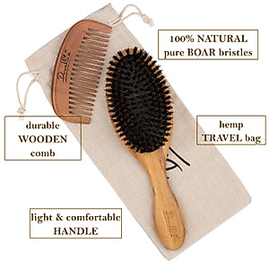Boar Bristle Hair Brush Set for Women and Men - Designed for Thin and Normal Hair - Adds Shine and Improves Hair Texture - Wood Comb and Gift Bag Included (black)