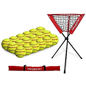 PowerNet 18 PK Practice Softballs with Ball Caddy Bundle | Perfect for Softball Soft Toss Batting Fielding Hitting Pitching Practice or Training | Save Your Back No More Bending