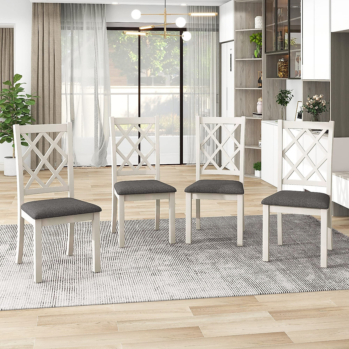 VilroCaz Modern Dining Table Set for 4, Mid-Century Solid Wood 5-Piece Round Set, 42'' with 4 Upholstered Chairs, Anti-Slip Pad and Splayed Feet Small Places (Brown-White)
