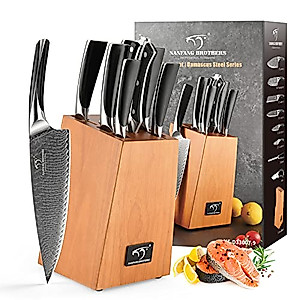9 Pieces Damascus Kitchen Knife Set, Kitchen Knife Set with Block, ABS Ergonomic Handle for Chef Knife Set, Knife Sharpener and Kitchen Shears, Knife Block Set for Chopping, Slicing & Cutting
