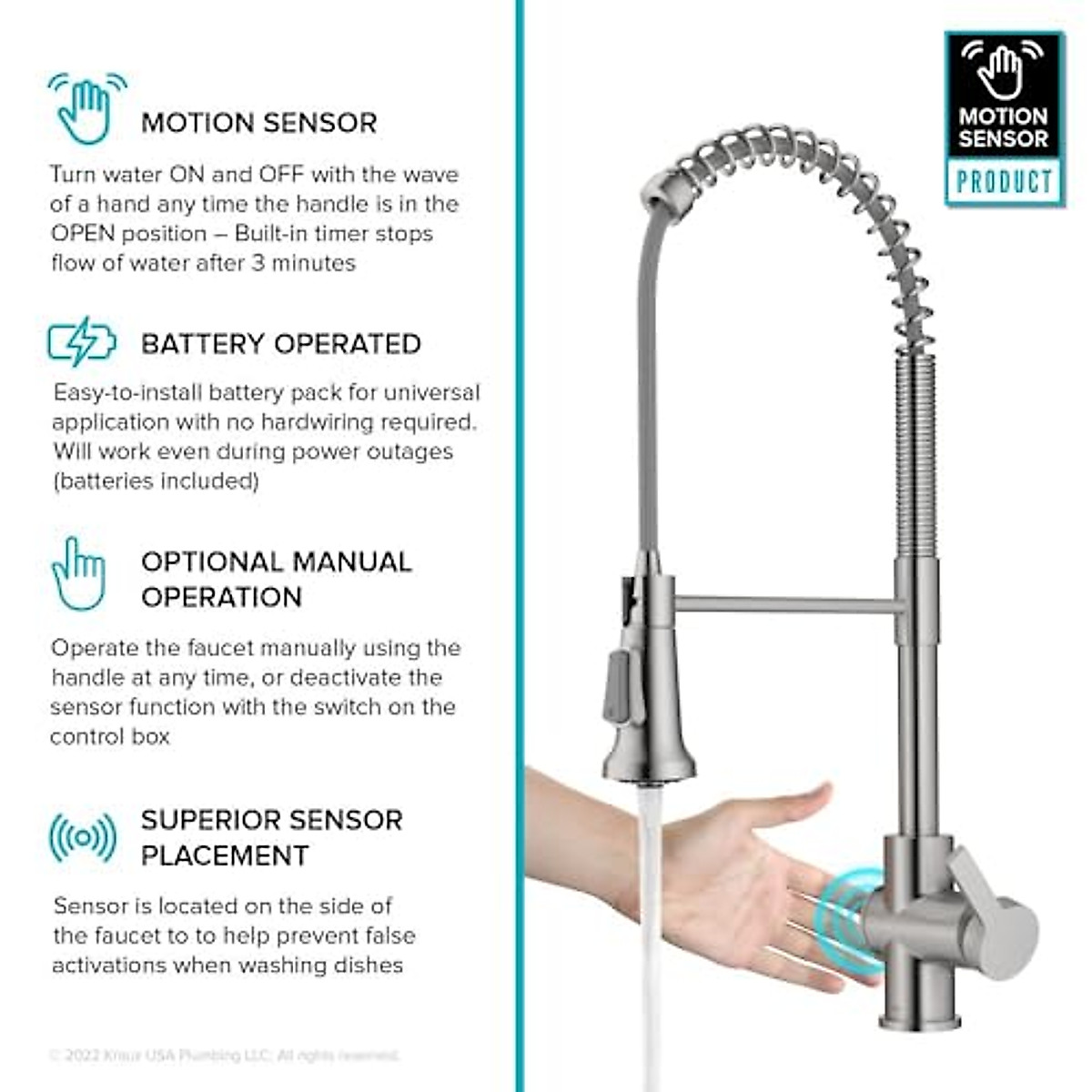 KRAUS Britt Touchless Sensor Commercial Pull-Down Single Handle Kitchen Faucet in Spot Free Stainless Steel, KSF-1691SFS