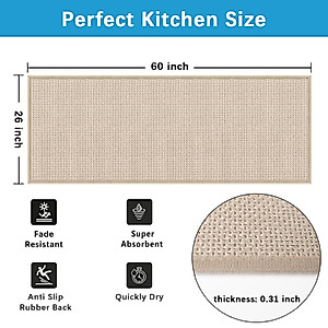 GOYLSER Boho Kitchen Rugs and Mats Non Skid Washable, Braid Jute Kitchen Floor Rug in Front of Sink, 60"x26" Rubber Backed Large Farmhouse Absorbent Kitchen Cushioned Standing Mat Beige