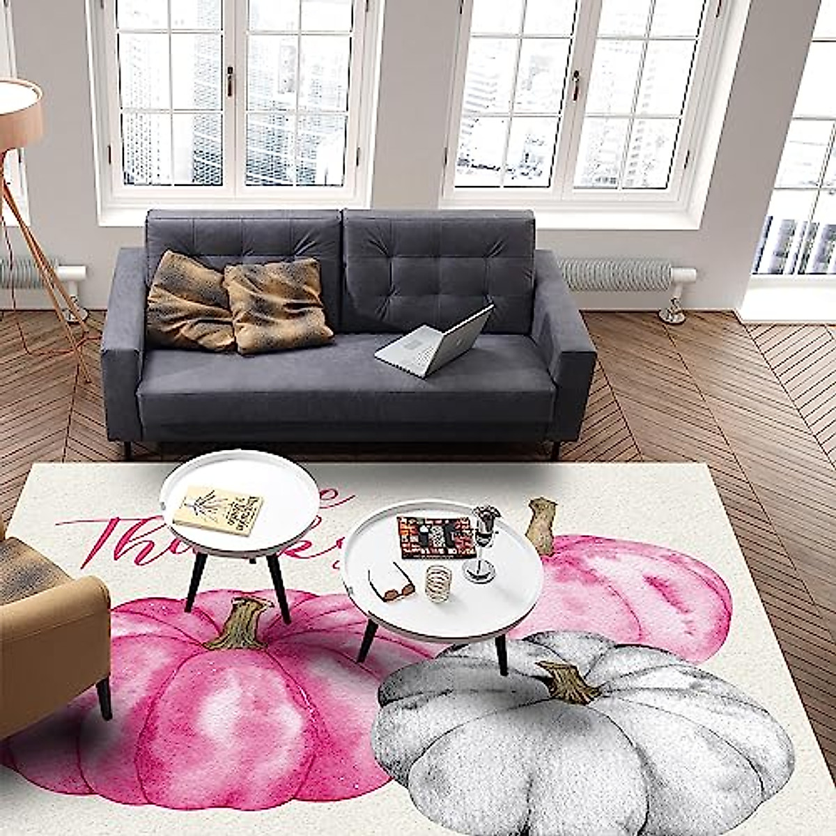 Pink White Pumpkin Area Runner Rug Carpet 3'x5',Outdoor Indoor Kitchen Living Room Bathroom Bedroom Classroom Washable Bath Rug,Doormat Desk Welcome Floor Door Mat,Thanksgiving Harvest Festival Fall