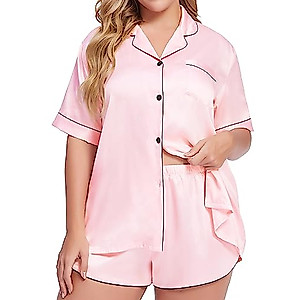 SWOMOG Women's Satin Plus Size Pajamas Silk Short Sleeve Pjs Sets Button Down Silk Sleepwear 2 Piece Bridal Pjs Loose Outfits Pink