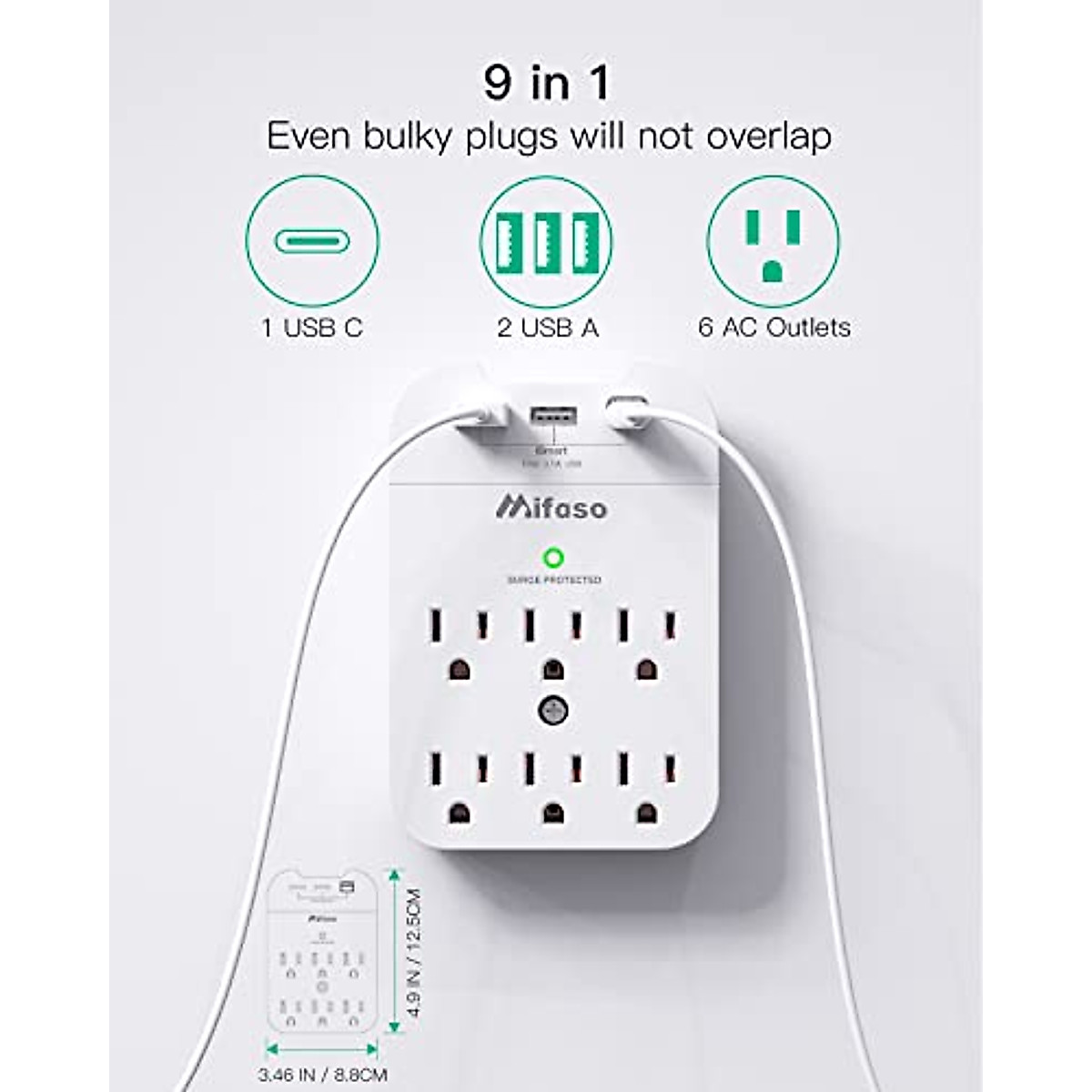 Outlet Extender - Wall Surge Protector with 6 Outlets 3 USB (1 USB C, 2 USB A), Multi Plug Outlet Splitter, Wall Mount Adapter with Top Phone Holder for Home, School, Office (490 Joules)