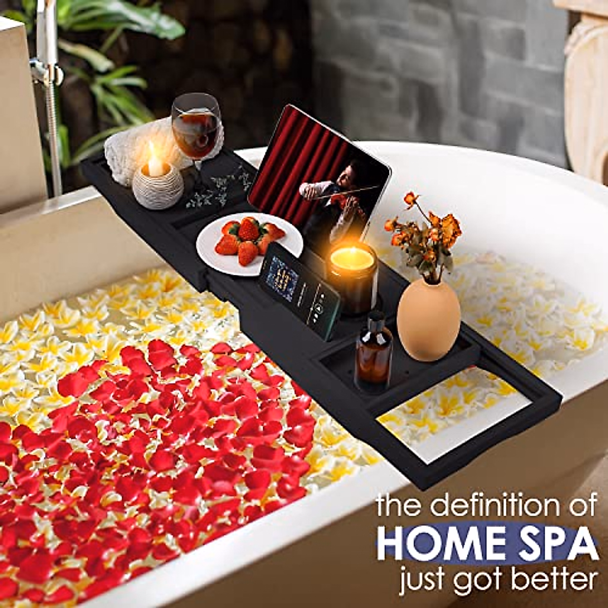 Foldable Bathtub Caddy Tray, Bamboo Bath Tub Tray Table for Tub with Wine Glass Holder Book Phone Tablet Holder with Extending Sides, Adjustable Bathroom Bathtub Free Soap Holder Gift Idea (Black)