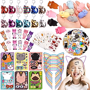 122Pcs Cat Party Favors for Kids - Cat Themed Birthday Party Supplies Cat Ears Headband Flip Sequin Cat Keychain Cat Tattoo Stickers Squeezing Stress Toys Goodie Bag Stuffers Pinata Fillers for Girls