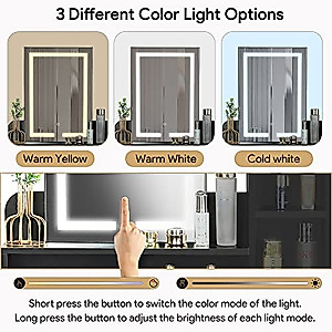 SMOOL Vanity Desk with Lighted Mirror - Makeup Vanity Table with 3 Color Lighting Modes Adjustable Brightness, Makeup Desk with Movable 3-Drawer Chest and Shelves, Vanity Set for Bedroom Studio, Black